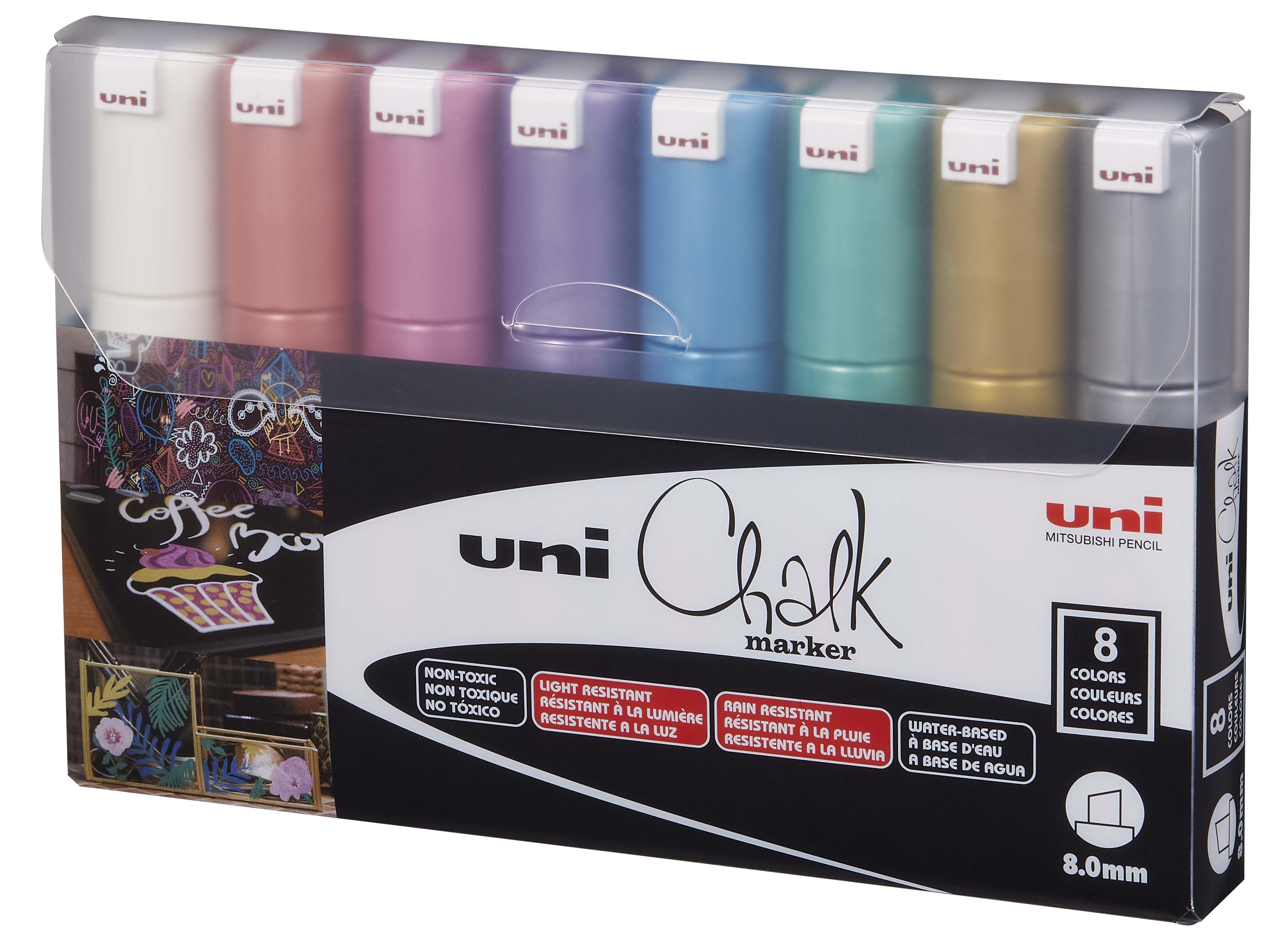 uni Chalk Markers, PWE-8k Metallic Broad Tip Marker - Assorted Color,